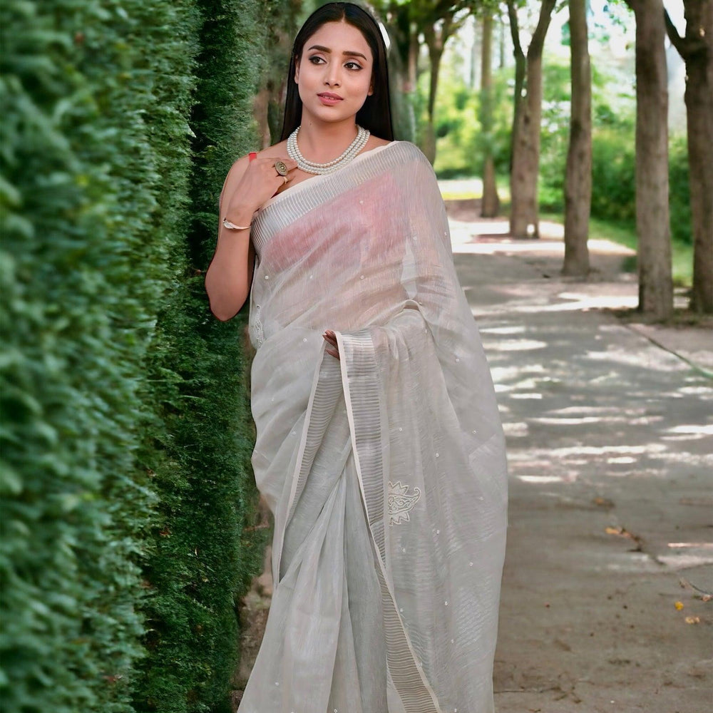 White Tissue Linen saree with Pearl Handwork – Label Mavi