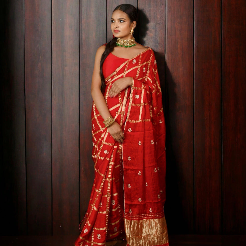 Red Pure Gaji Silk Ghatchola Gotapatti Work Saree – Label Mavi