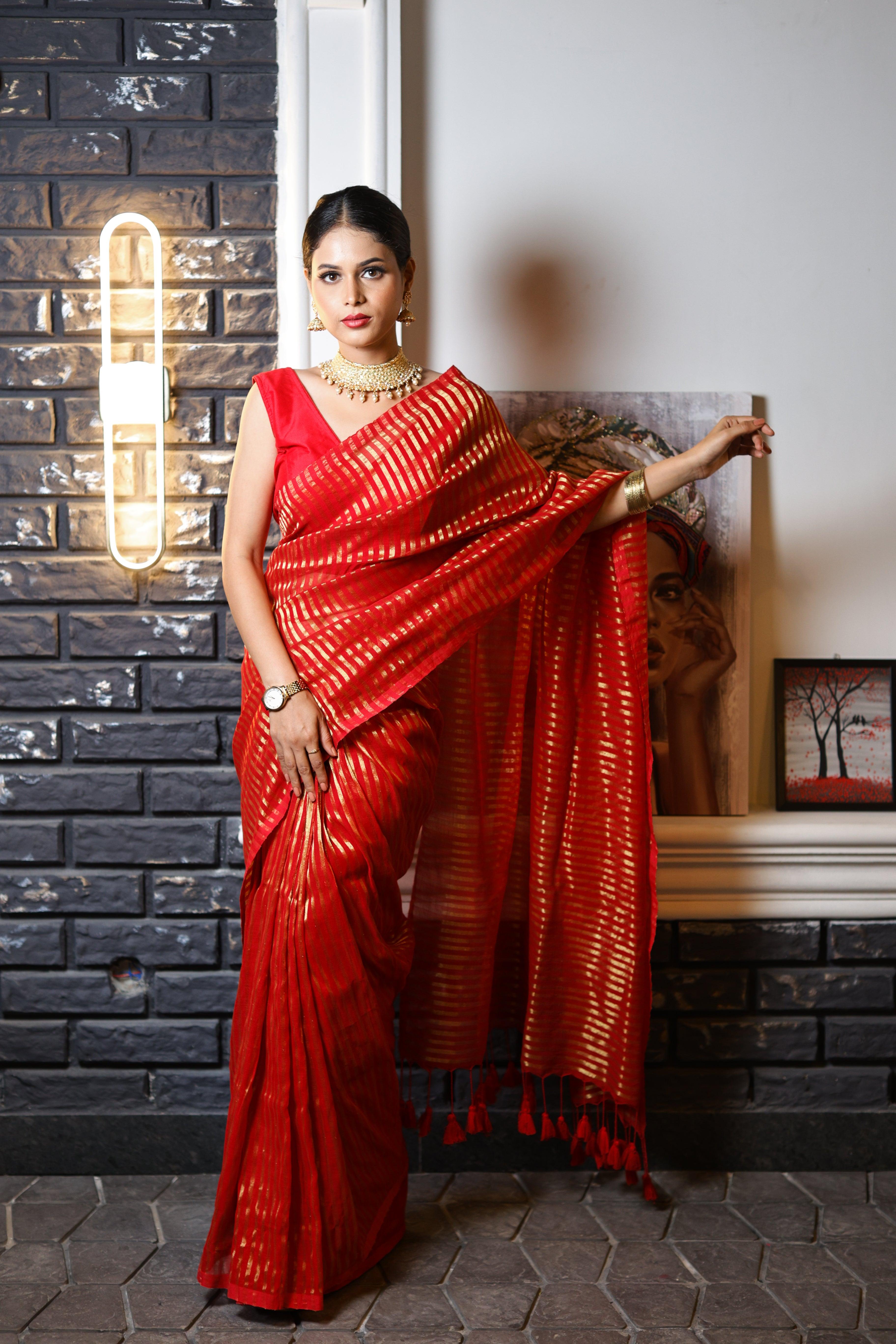 "Emma" Red Tissue strip saree – Label Mavi