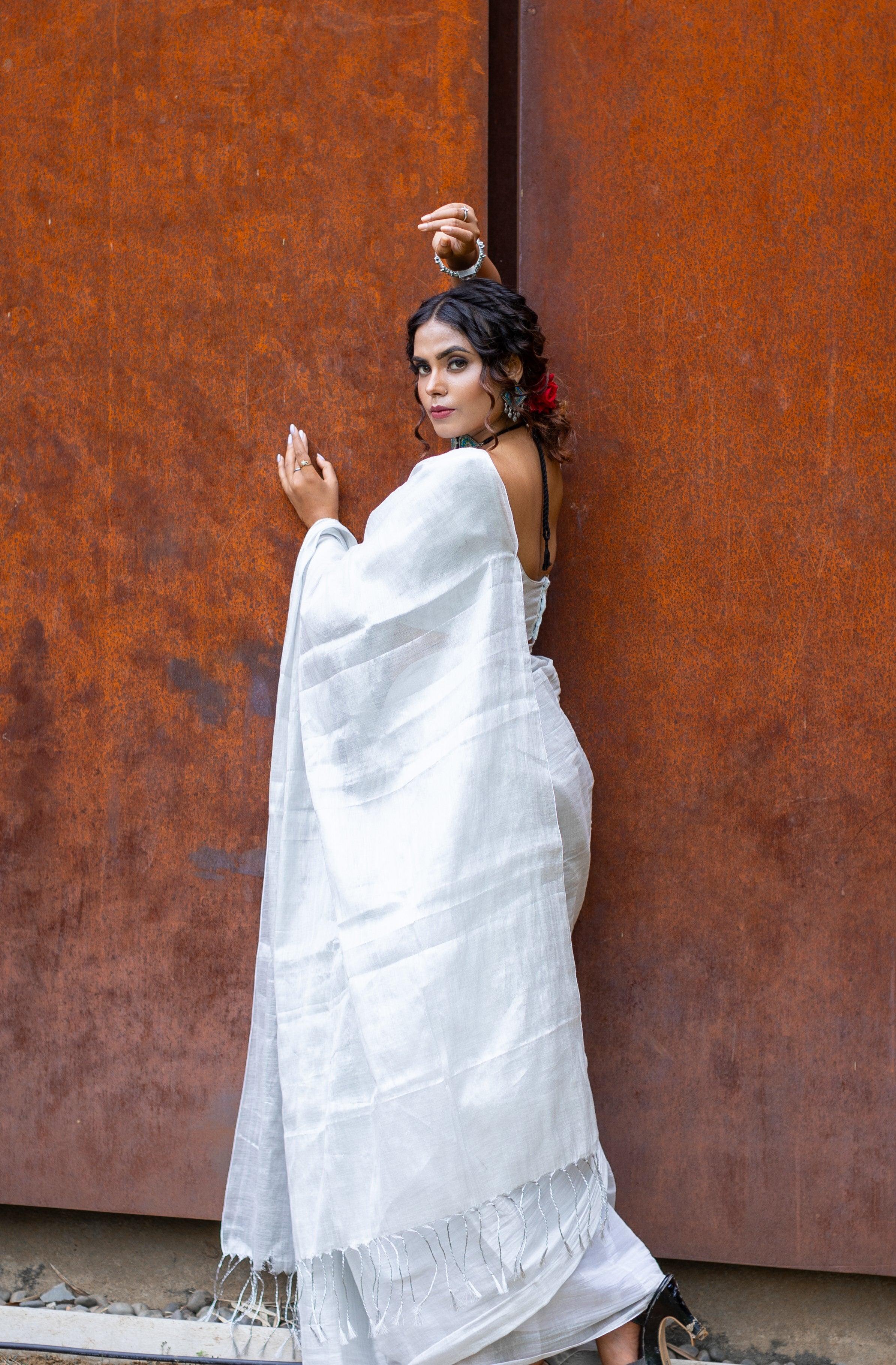 "Moti" White Handloom glass tissue Saree – Label Mavi